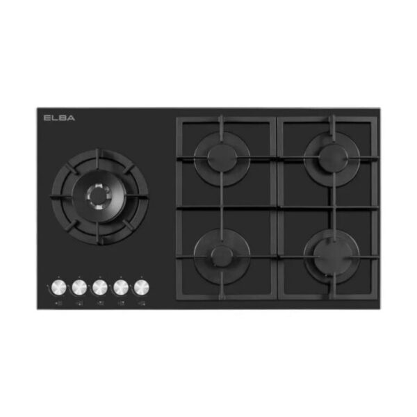 ELBA 90CM 5 BURNER GAS ON GLASS HOB BLACK 04/T90-565G - Metro Lifestyle